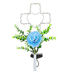 Joyathome 16 Inch Solar Cross Garden Stake Lights with 1 Artificial Flower Metal Garden Art for Patio Lawn Garden Decor Solar Outdoor Love Sign for Gravesites Memorial and Ideal Gifts for Loved Ones
