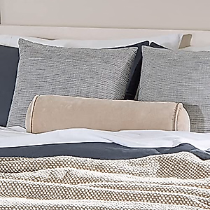 Nate Home by Nate Berkus Decorative Cotton Velvet Bolster Pillow | Soft Luxurious Modern Decor, Cushion for Couch, Chairs, or Bedroom from mDesign - Oblong Size 7" x20", Fossil (Beige)