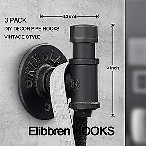 Elibbren 3 Pack Rustic Style Industrial Iron Pipe Coat Towel Holder Wall Hook for Hanging, Wall Mounted Vintage Robe Clothes Hanger Heavy Duty Farmhouse,Mounting Hardware Included Black