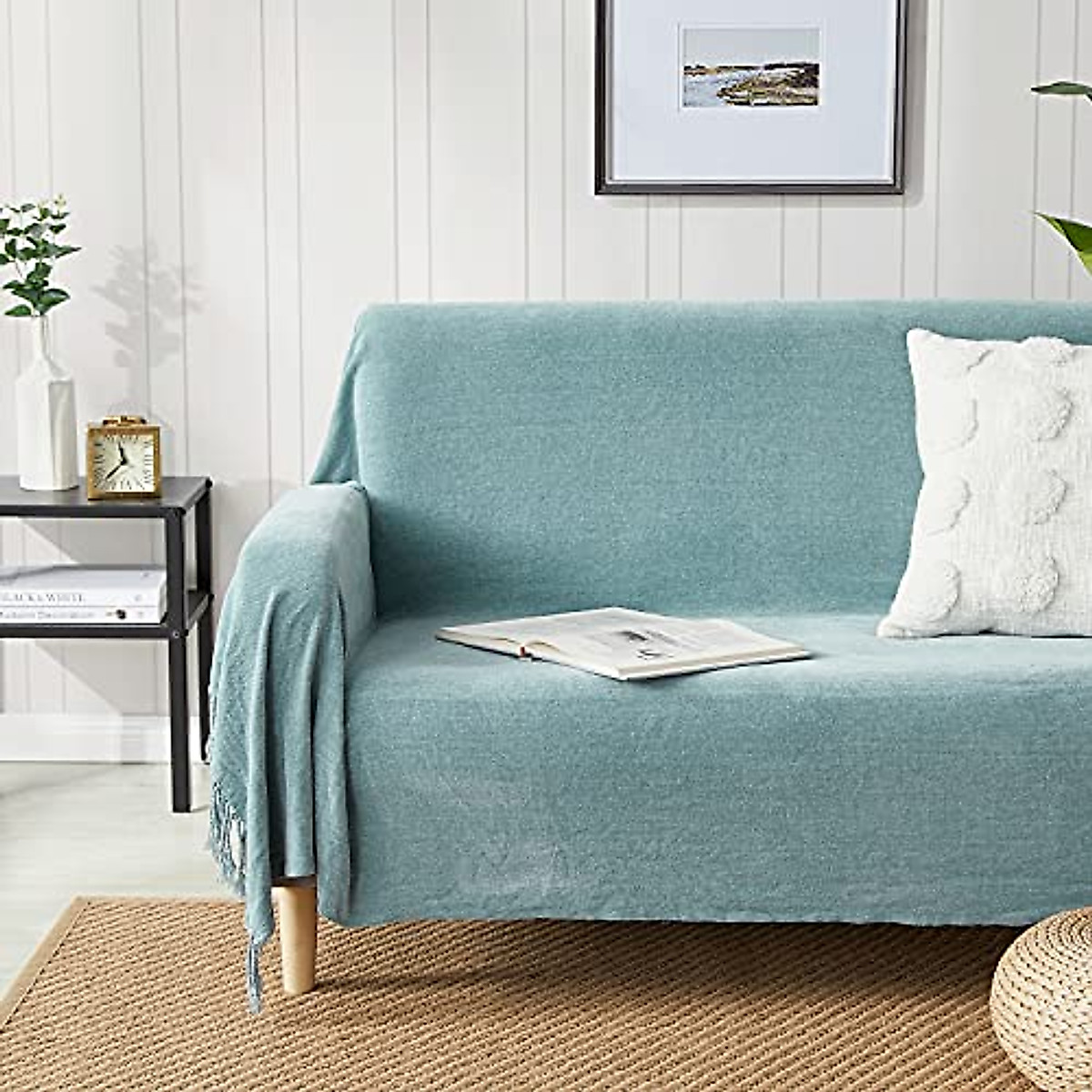 BOURINA Chenille Throw Blanket with Decorative Fringe for Couch Sofa Chair Blanket (50×60 Inches) Aqua