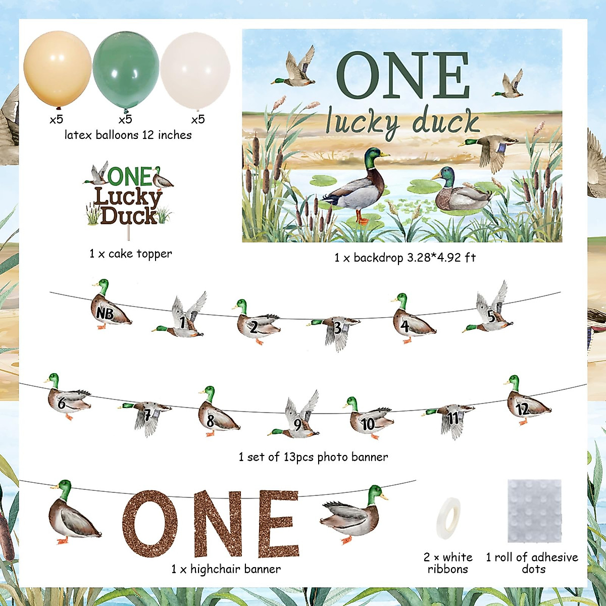 Fangleland Mallard Duck 1st Birthday Decorations for 1 Year Old Boy, One Lucky Duck Theme Boy First Birthday Party Supplies with Cake Topper, Backdrop, High Chair Banner, Balloons