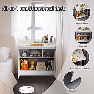 Pmnianhua Portable Mobile Desk on Wheels with Adjustable Angle Taletop,Home Office Desk,Rolling Computer Desk with Wheels and Storage for Home Office Small Space(White)