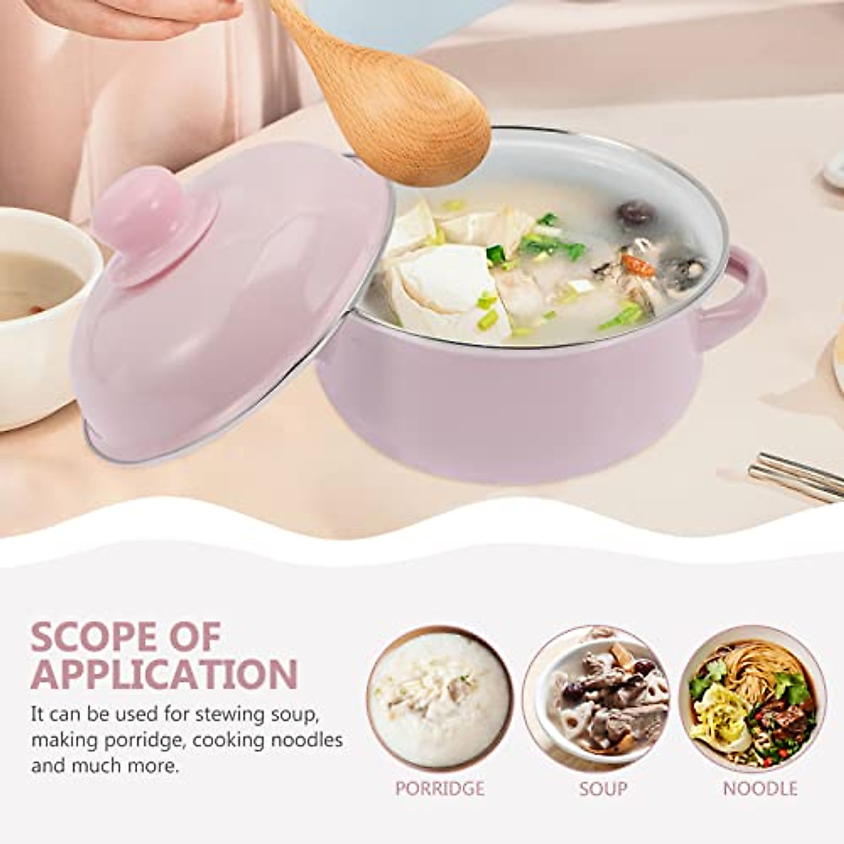 Luxshiny Enamel Soup Pot Vintage Stew Pot Stock Pot with Double Handle Soup Pasta Cooking Pot Noodle Porridge Pot for Kitchen Induction Cooktop Gas Stove 1. 1L 16cm
