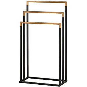MyGift 33 Inch Black Chrome Plated Metal Freestanding Bathroom Towel Rack Stand with 3 Tier Bamboo Wood Bar, Laundry Room Drying Rack Stand
