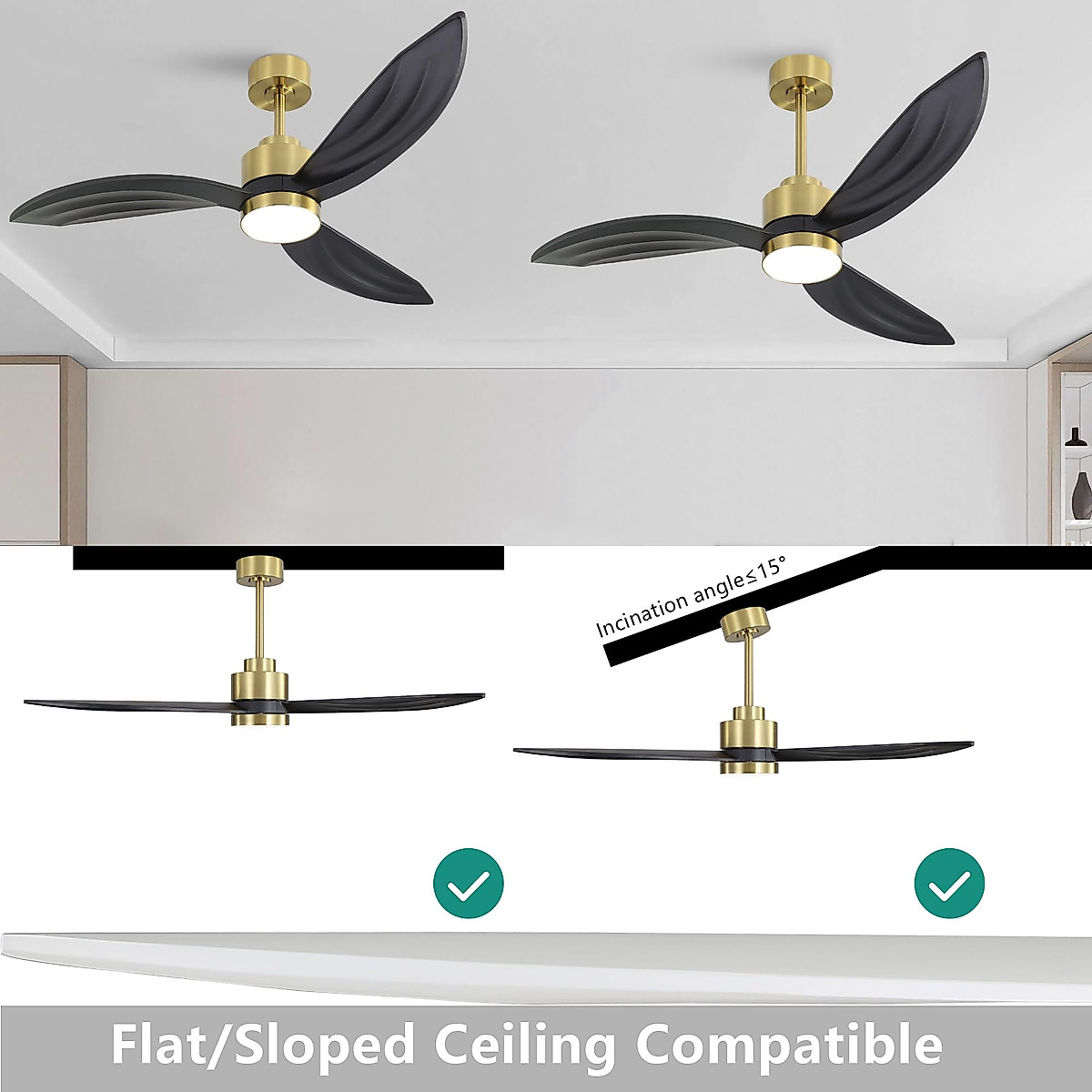 ELEHINSER 64" Wood Ceiling Fan with Lights and Remote Control, 3 Blades 6-Speed Reversible DC Motor Ceiling fan for Kitchen Bedroom Dining Living Room, Black Wood Blades with Gold