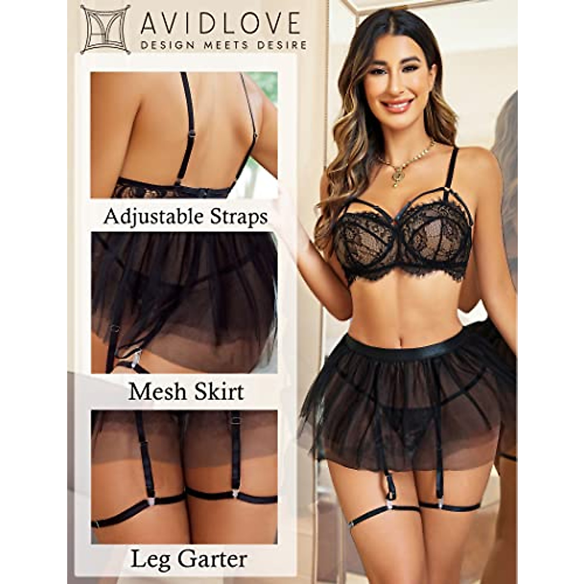 Avidlove Lace Lingerie Set with Garter Belt Mesh Skirt Nightwear (Black, Small)
