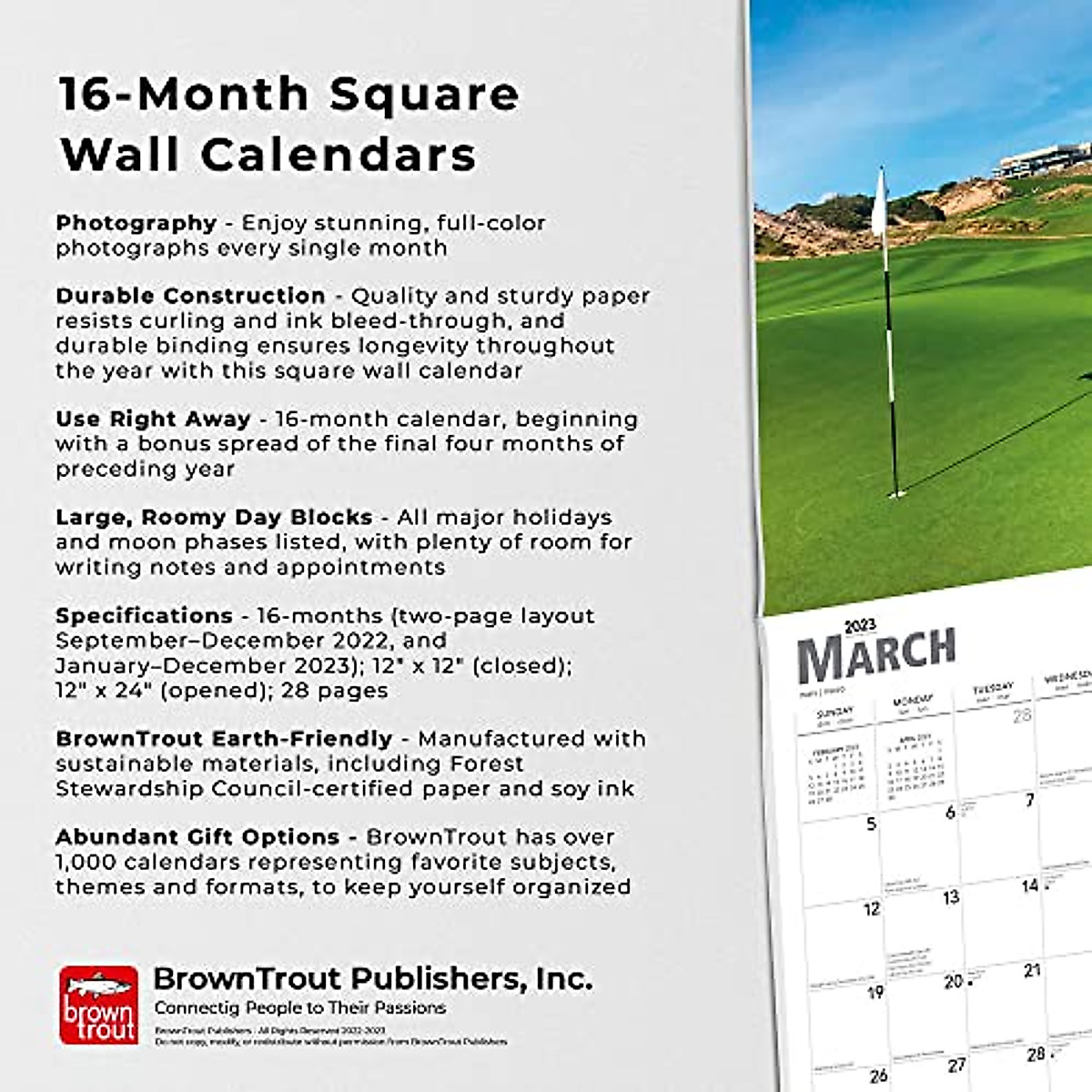 Golf Courses | 2023 12 x 24 Inch Monthly Square Wall Calendar | BrownTrout | Golfing Sport