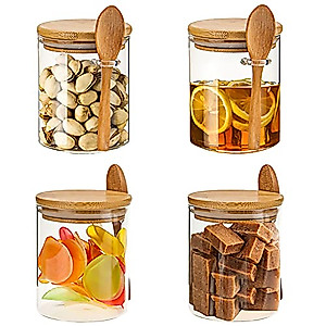 JOUALY 4-Pack Glass Food Storage Jar 18.2 oz,100% Sealed Borosilicate Glass Bamboo Glass Jars with Bamboo Lid and Bamboo Spoon for Candy, Spices, Coffee Beans, Nuts, Condiments, Cookies, Flour,Tea