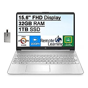 2021 HP 15.6" FHD Laptop Computer, AMD Athlon Silver 3050U Processor, 32GB DDR4 RAM, 1TB SSD, AMD Radeon Graphics, HD Webcam, HDMI, 1-Year Microsoft 365, Windows 10S, Silver, 32GB SnowBell USB Card