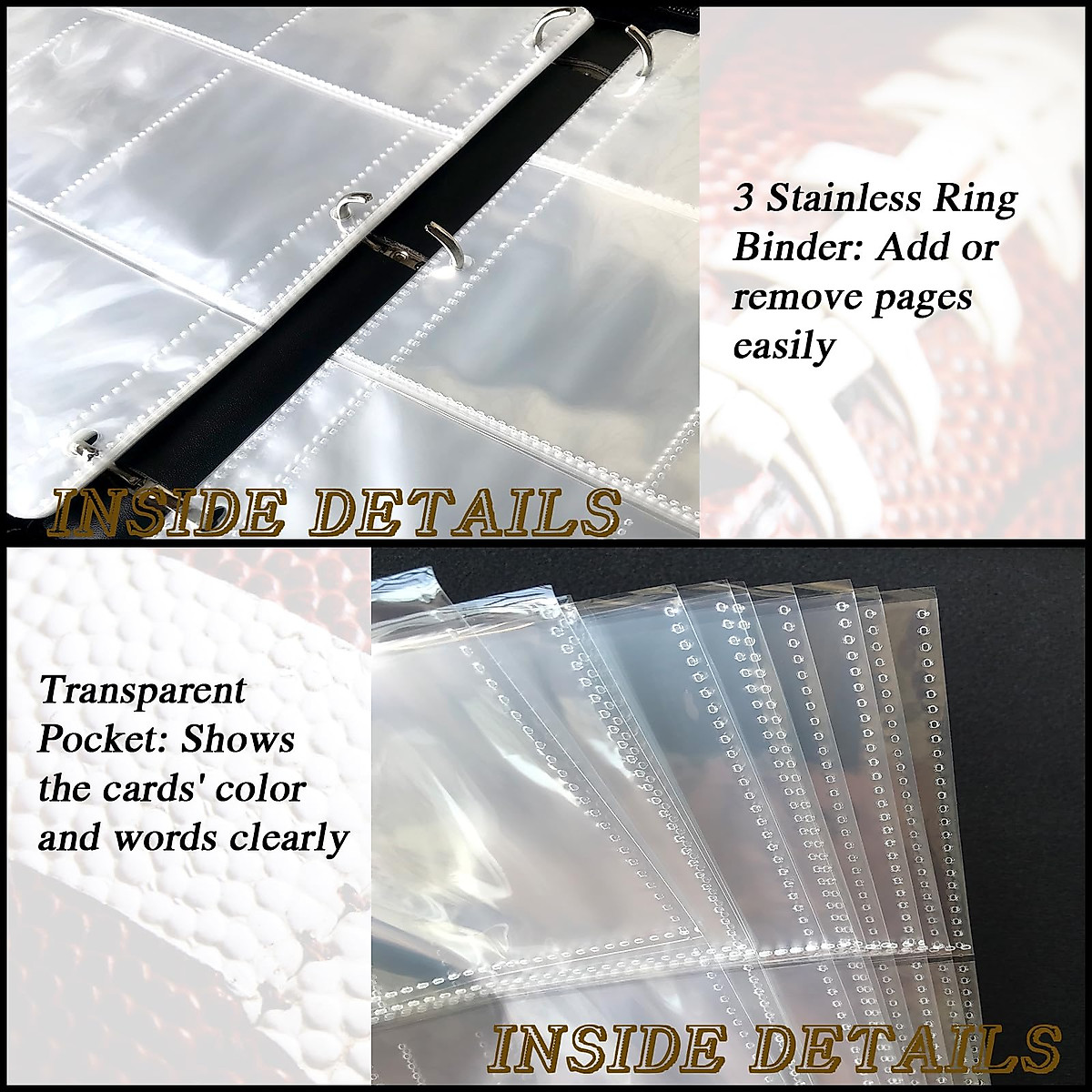 Trading Card Binder 900 Pockets, Football Card Binder Holder with 50 Removable Sleeves Fits 900 Sport Cards, Football Card Gifts Collector Album with Zipper Storage Display Case