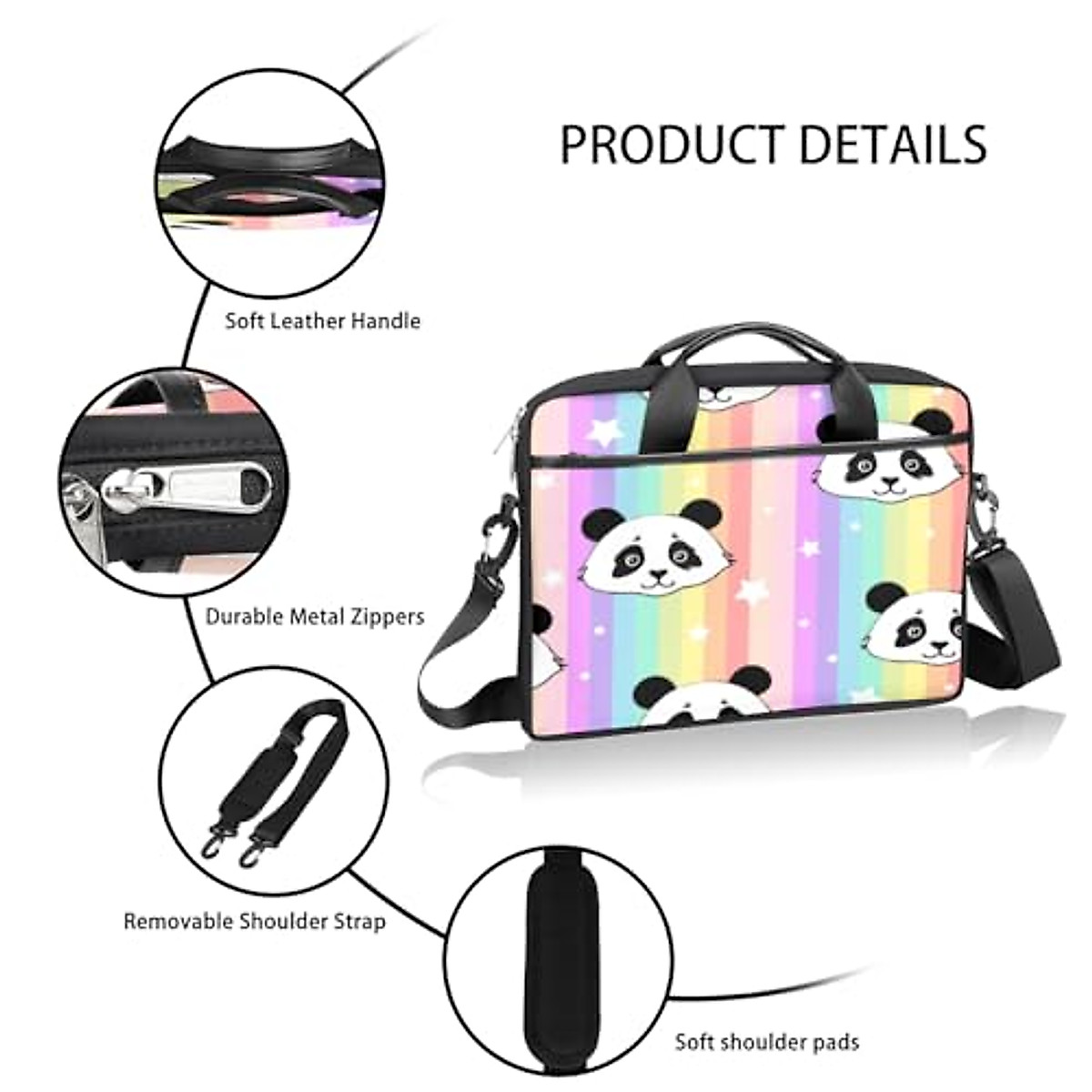 Cute Panda Rainbow Laptop Computer Bag Waterproof Shoulder Messenger Bag 13-15 inch Durable Laptop Tote Bag with Shoulder Strap Handle Lightweight Crossbody Briefcase