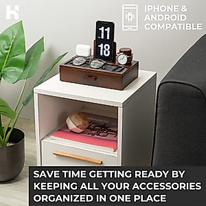Nightstand Organizer For Men - Wood Phone Docking Station to Charge Your Phone & Earbuds - Wood Charging Station with Lined Tray & Drawer - Mens Docking Station - Gifts for Dad Birthday Gifts for Men