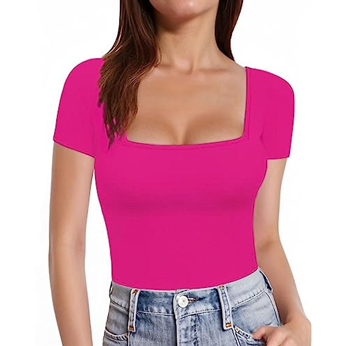 MANGOPOP Womens Short Sleeve Long Sleeve Square Neck T Shirts Tops Tees (Short Sleeve Rose Pink, Medium)