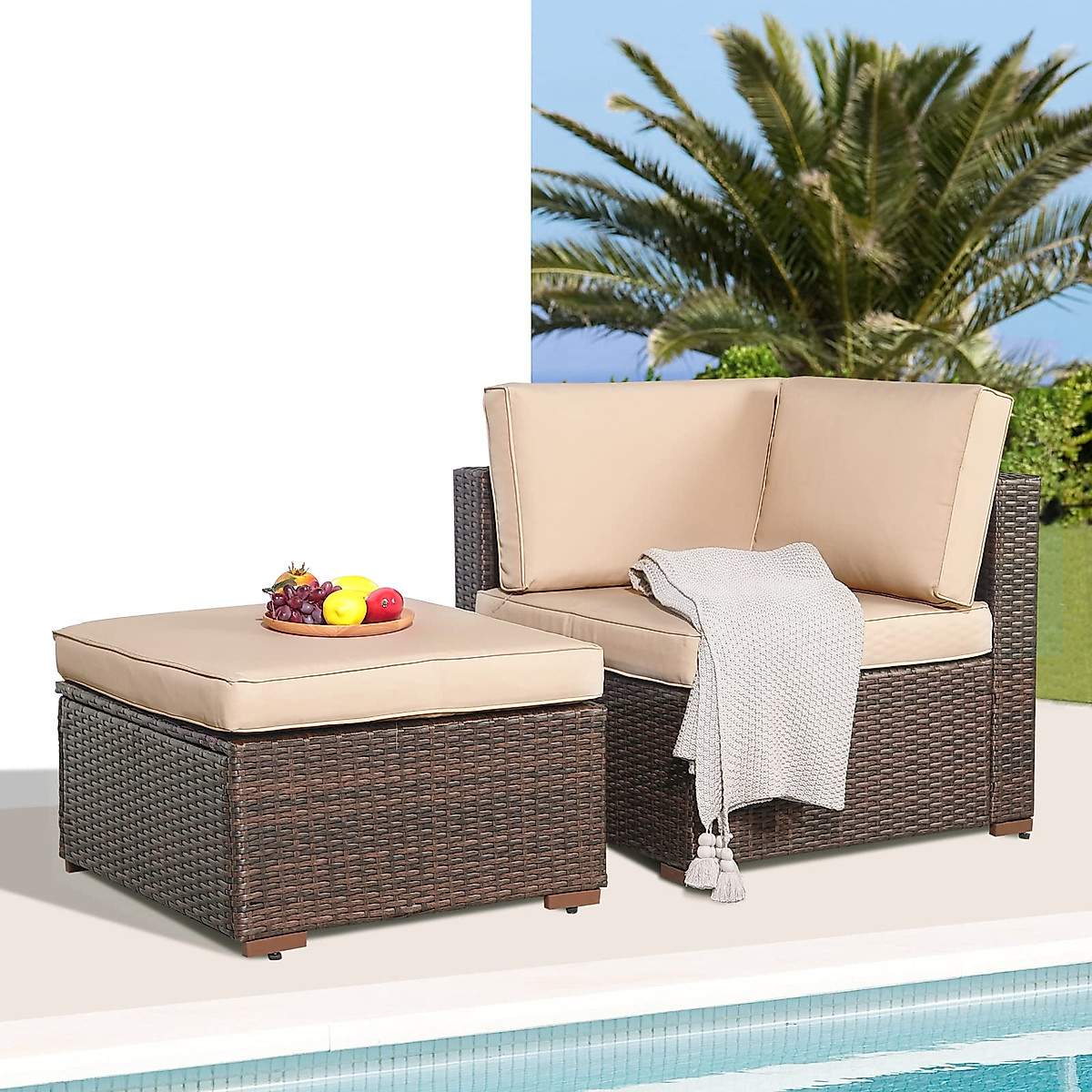 Patiorama 2-Piece Patio Furniture Sofa Set, Outdoor Sectional Sofa, All-Weather Brown PE Wicker Rattan Conversation Set, Outdoor Loveseat, Patio Seating for Balcony Garden Pool (Beige Cushion)