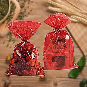 YESON Clear Cellophane Treat Bags Cello Cookie Candy Plastic Bag, red 6x9 Inch Bags，Pack of 50