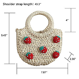 QTKJ Mini Semi-circle Rattan Straw Handbags, Hand-Woven Women Summer Retro Straw Tote Bag with Cute Dolls Shoulder Bag Crossbody Bag Round Handle Beach Handbags (Khaki, Strawberry)