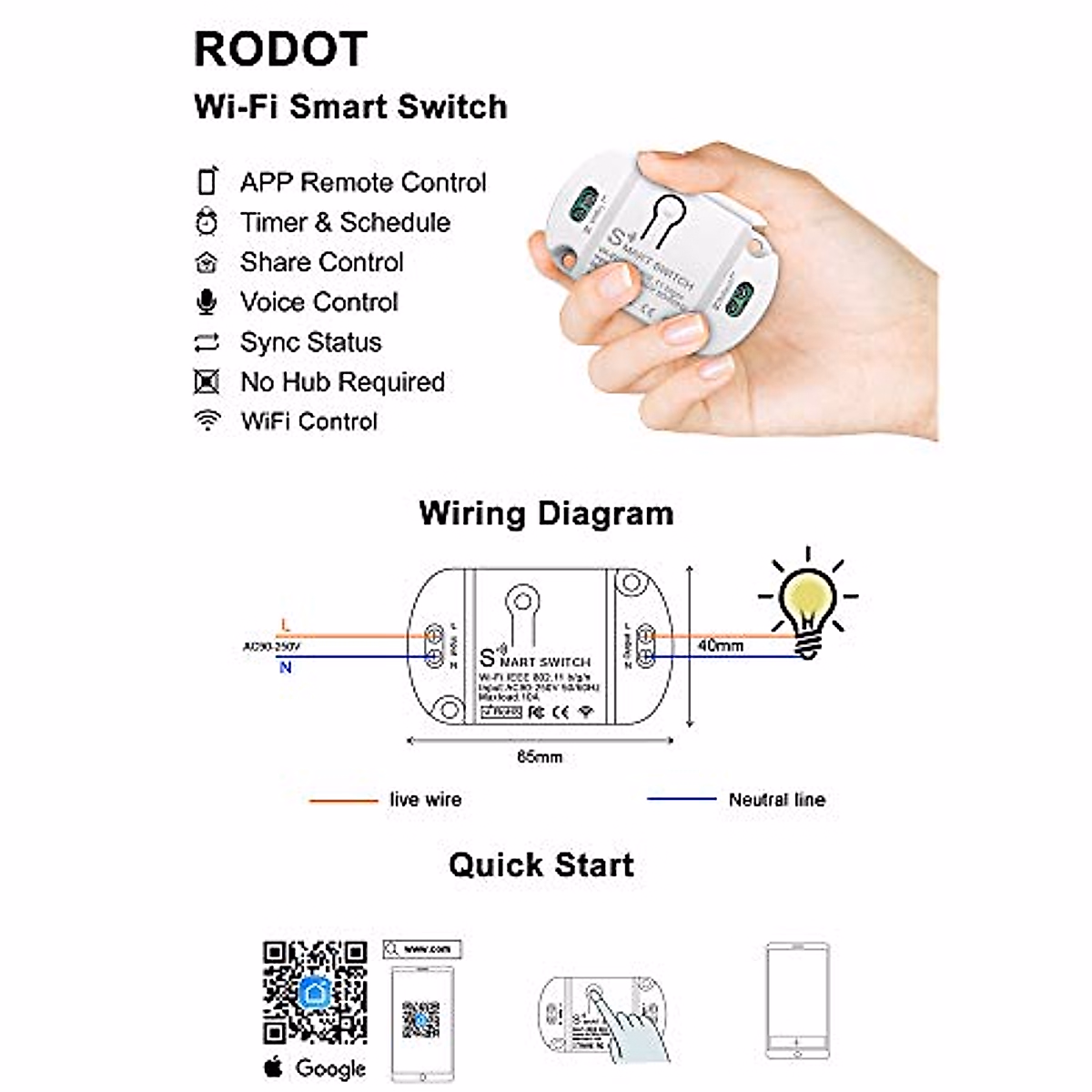 RODOT 10A KR2201WB Wi-Fi Wireless Smart Basic Switch for Smart Home Smart Life APP Compatible with Alexa & Google Home Assistant No Hub Required Support DIY Module (5-Pack)