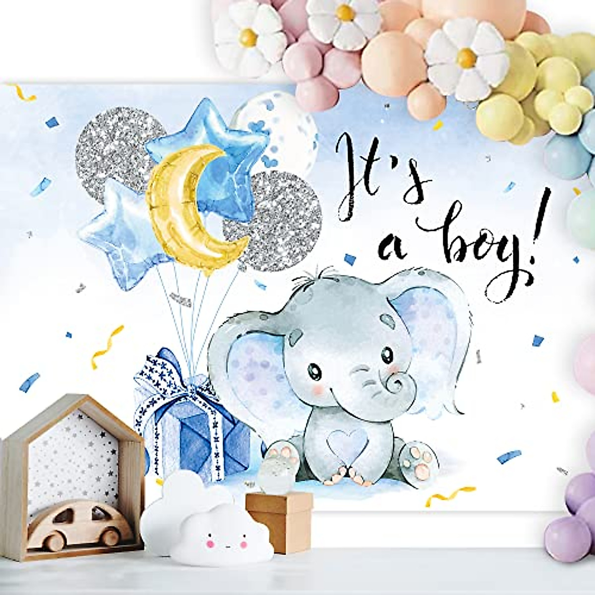 Newsely Boy Elephant Baby Shower Backdrop 7Wx5H Photography It's a Boy Blue and Silver Balloons Animal Background Star and Moon Gifts Party Decorations Banner Photo Booth Props Birthday Supplies