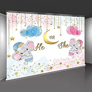 Yongfoto 6x4ft Elephant Gender Reveal Baby Shower Party Backdrop He or She What Will Baby Be Blue and Pink Balloons Gold Confetti Photography Backdrop Newborn Party Decorations Banner Studio Props