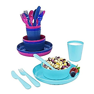 Klickpick Home Plastic Dinnerware Set Of 24 Pieces 4 colors Kids Dinnerware Set Includes, Kids Cups, Kids Plates, Kids Bowls, Flatware Set, Toddler Dishes Set are Reusable, Microwave - Dishwasher Safe