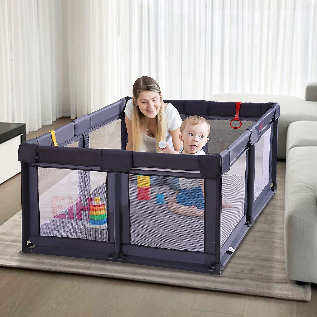 Baby Playpen, Playpen for Babies and Toddlers Indoor & Outdoor Kids Activity Center with 50 Ocean Balls Small Baby Playard Breathable Mesh Kids Safety Play Area, 47in x 47in (Dark Gray)