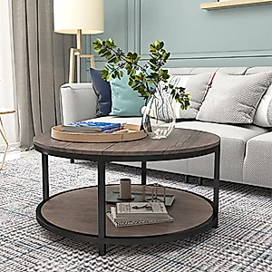 NSdirect 36 inch Round Coffee Table,Coffee Table for Living Room,2-Tier Rustic Wood Desktop & Sturdy Metal Legs Table Modern Design Home Furniture with Storage Shelf (Light Walnut)