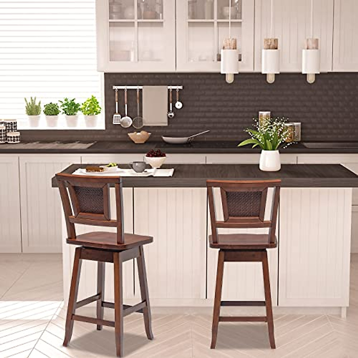 COSTWAY Bar Stools Set of 2, 24.5 Inch Counter Height Bar Stool with Rattan Back, 360°Swivel Seat, Comfortable Footrests, Rubber Wood Bar Stools for Kitchen Island, Dining Room, Cafe, Pub (2)