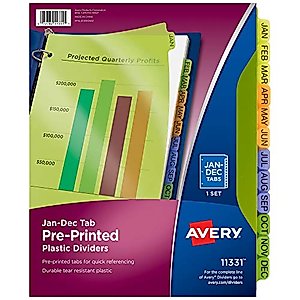 Avery 11331 Preprinted Plastic Tab Dividers, 12-Tab, Letter