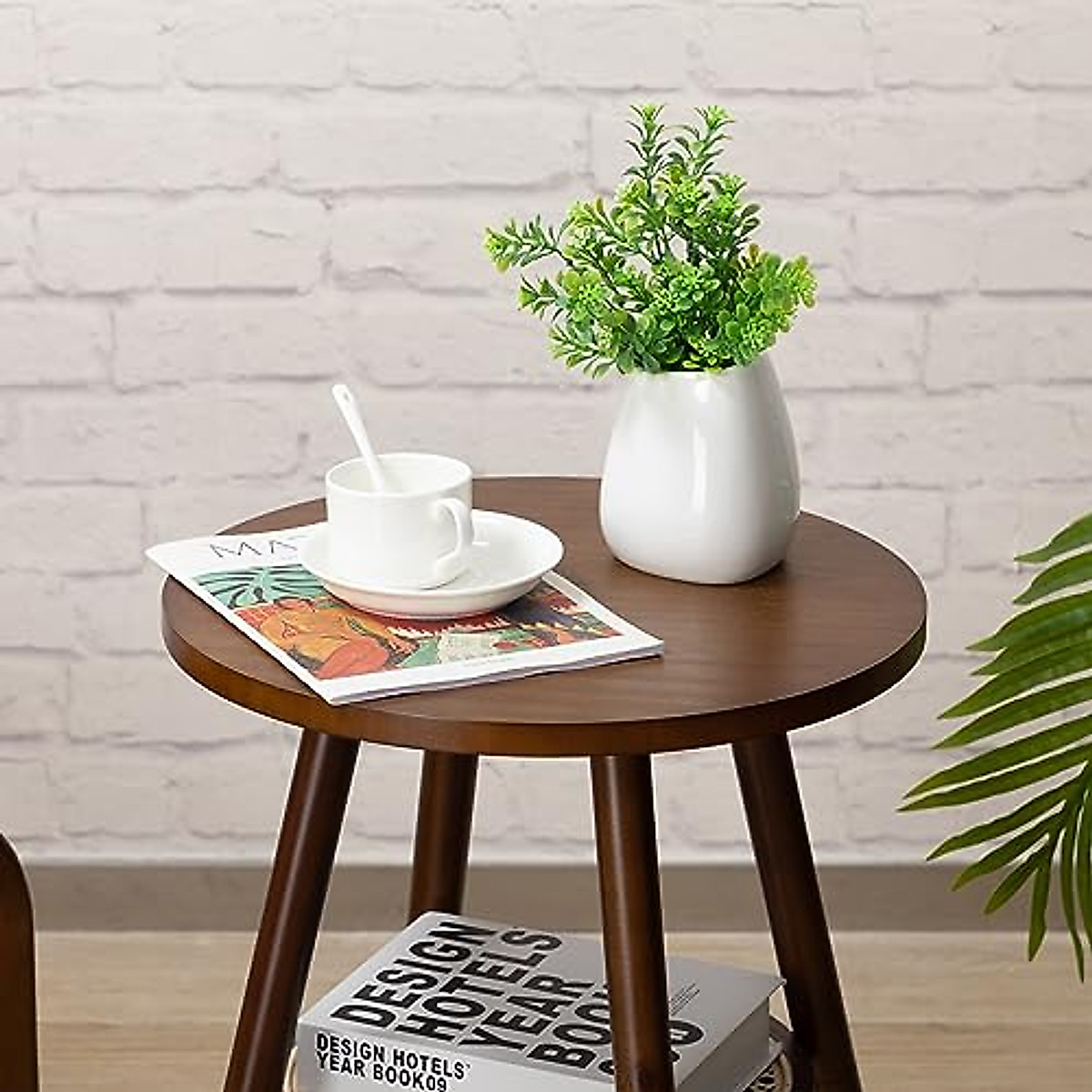 LUSUOWLZ 2 Tire Round Coffee Table, Wooden Hollow Design Side Table for Bedside or Sofa Side, 15.75" Walnut End Table, Morden Wooden Nightstand, 1 Set