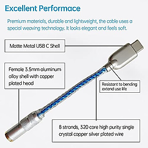 Portable Headphone Amplifier USB Type C to 3.5mm Adapter DAC ALC5686 32bits/384KHz Headset Amp for Samsung Android iOS Windows Mac OS X System Smartphone PC Laptop S22 S20+ S20 Ultra - Blue Sliver