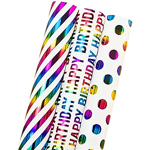 LDGOOAEL Mini Short Birthday Wrapping Paper Roll - 17" X 120" Per Roll - Colorful Foil with Stripes, Dots & Happy Birthday Lettering Gift Wrapping Paper for Holiday, Birthday, Wedding, Baby Shower