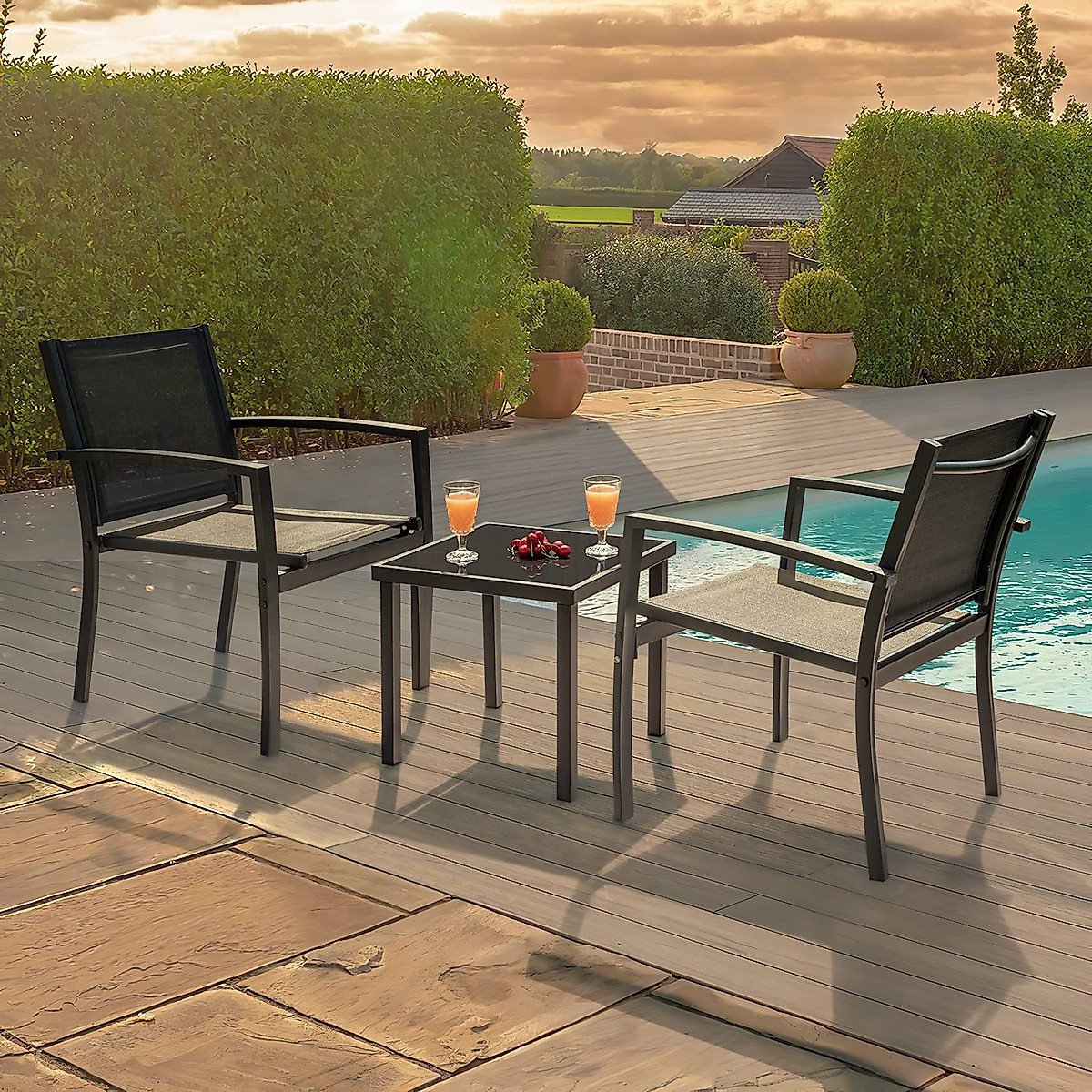 Greesum 3 Pieces Patio Furniture Outdoor Bistro Set Textilene Fabric Chairs for Lawn, Garden, Balcony, Poolside with A Glass Coffee Table, Black