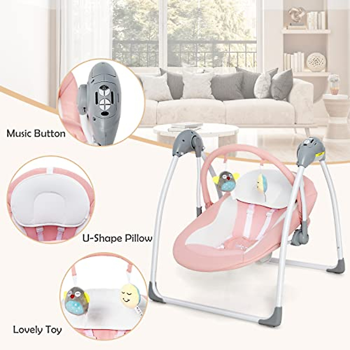 INFANS Baby Swing for Infants, Compact Portable Baby Electric Rocker for Newborn with 5 Speed Natural Sway Music Timing 2 Toys Remote Control, Easy Fold, 0-6 Months Boy Girl (Pink)