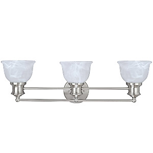 Aspen Creative 62139, Three-Light Metal Bathroom Vanity Wall Light Fixture, 25" Wide, Transitional Design in Brushed Nickel with Faux Alabaster Glass Shade