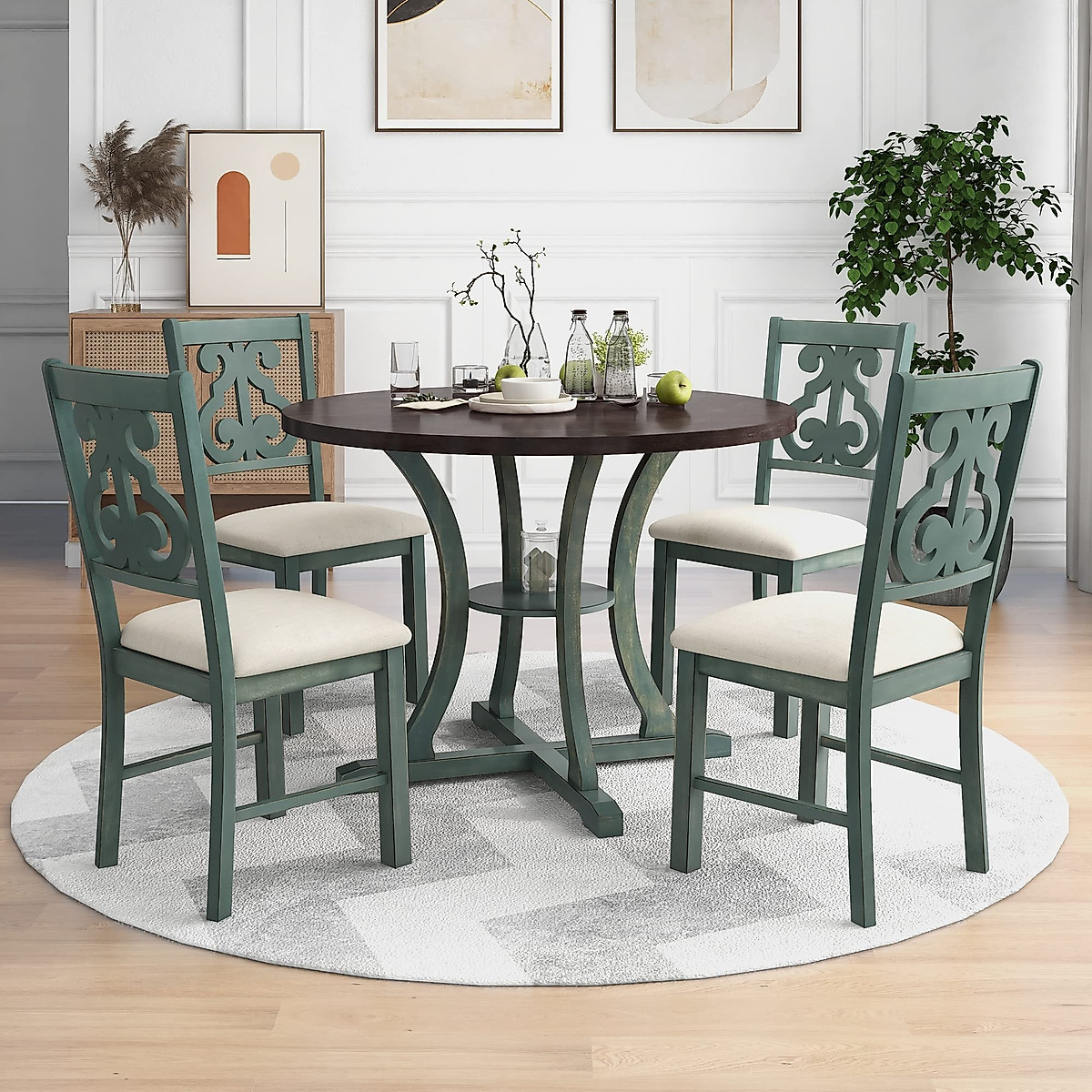 Merax 5-Piece Round Dining Table Set with Special-Shaped Legs and an Exquisitely Designed Hollow Chairs Back, Antique Blue/Dark Brown