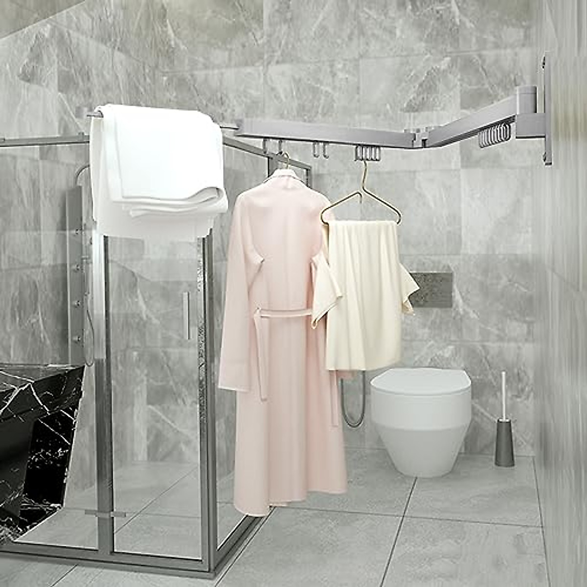 Bakala Retractable Clothes Drying Rack, Wall Mounted Space Saver Heavy Duty Laundry Clothes Hanger Rack with Towel Bar, Collapsible Clothes Dry Racks for Balcony, Mudroom, Bedroom