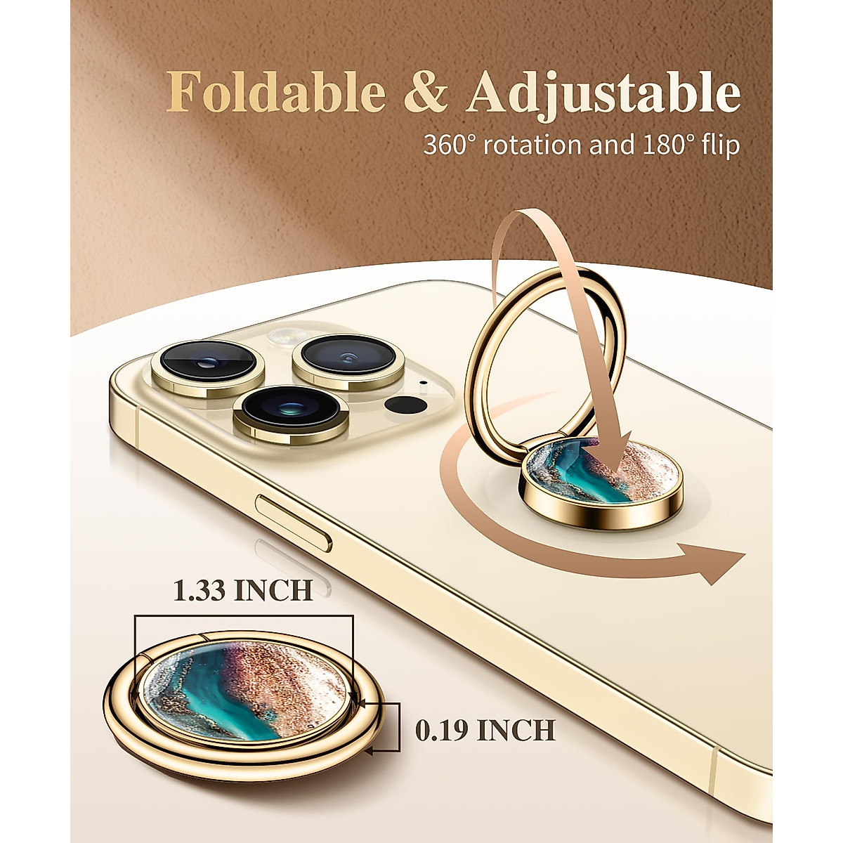 GVIEWIN Marble Cell Phone Ring Holder, Metal Kickstand Grip for Magnetic Car Mount Compatible with iPhone 16 Pro Max/15 Plus/14/13/12 Series & Galaxy S24/S23 Ultra and Other Phones(Drift Sand/Brown)