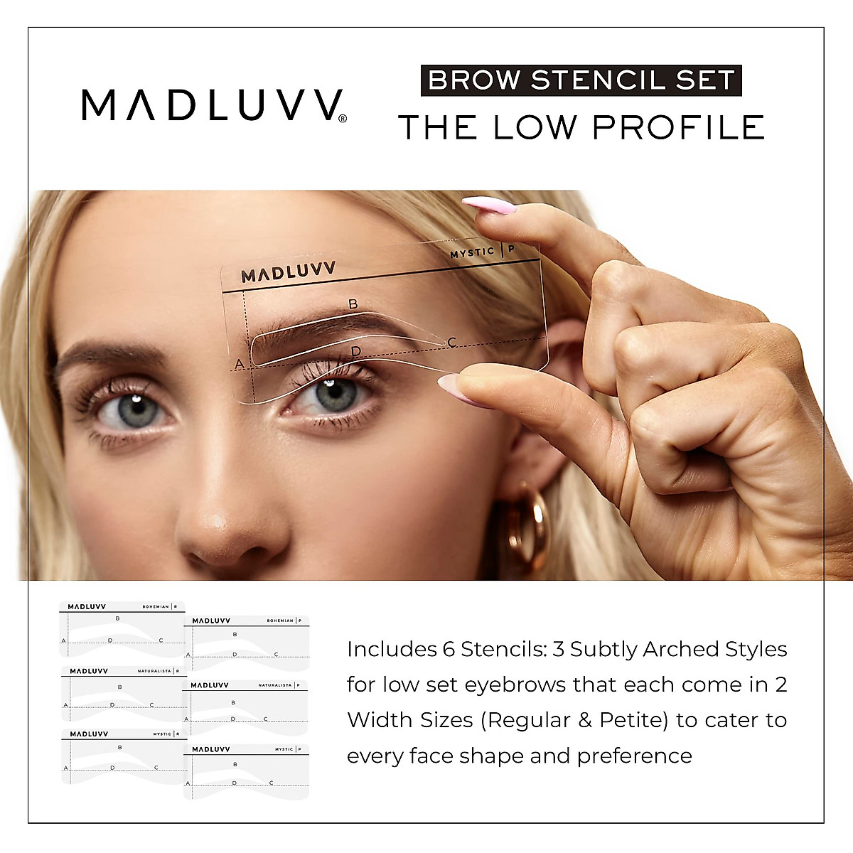 MADLUVV Eyebrow Shaper Stencils, Reusable Brow Mapping Template for PMU Professionals, Semi-Permanent Makeup Mapping, 6 Stencils (3 Stencil Shapes in Both Petite and Regular Sizes) - Low Profile Set