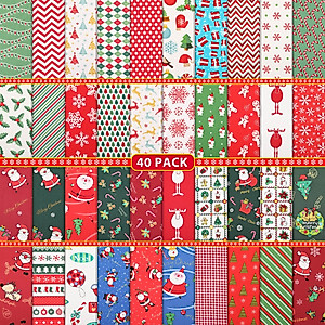 40 Pieces Christmas Fabric Quilting Fabric Squares Fat Quarters Precut Sewing Fabric Patchwork Christmas Tree Snowflake Printed Fabric Scraps for Dress Apron Crafts, 10 x 10 Inch/ 25 x 25 cm