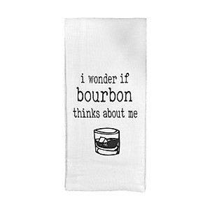 I Wonder If Bourbon Thinks About Me Tea Towel | Dish Towels with Funny Bourbon Whiskey Sayings are Perfect for Home, Bar, or Kitchen | Funny Gift for Old Fashioned Cocktail Lovers