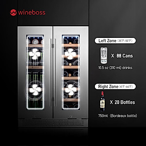 WINEBOSS 24 Inch Wine and Beverage Refrigerator, 20 Bottle & 88 Cans Dual Zone Beverage Fridge, Built-in Cabinet Wine Cooler, Freestanding Drink Chiller with Upgraded Compressor for Commercial Office