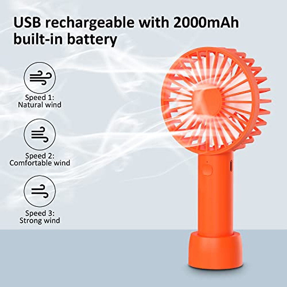 Coolfor Handheld Fan,Mini Portable Fan 2000mAh USB Rechargeable Battery Operated Cooling Hand Fan with 3 Adjustable Speeds for Travel Makeup Office shopping picnic indoor outdoor use(Orange)