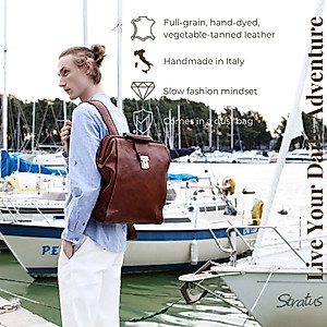 Leather Backpack Travel Bag Carry On Business Canvas Rucksack Brown Book Bag - Time