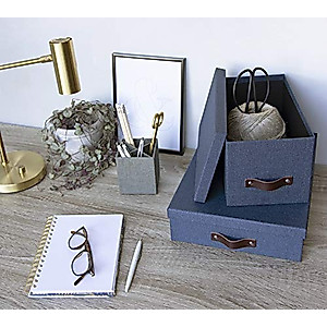 Bigso Silvia Organizational Storage Box | Photo Storage Box with Leather Handle for Shelves and Stacks Easily | Durable and Decorative Storage Boxes with Lids | 5.9? x 6.5? x 11.6? | Blue