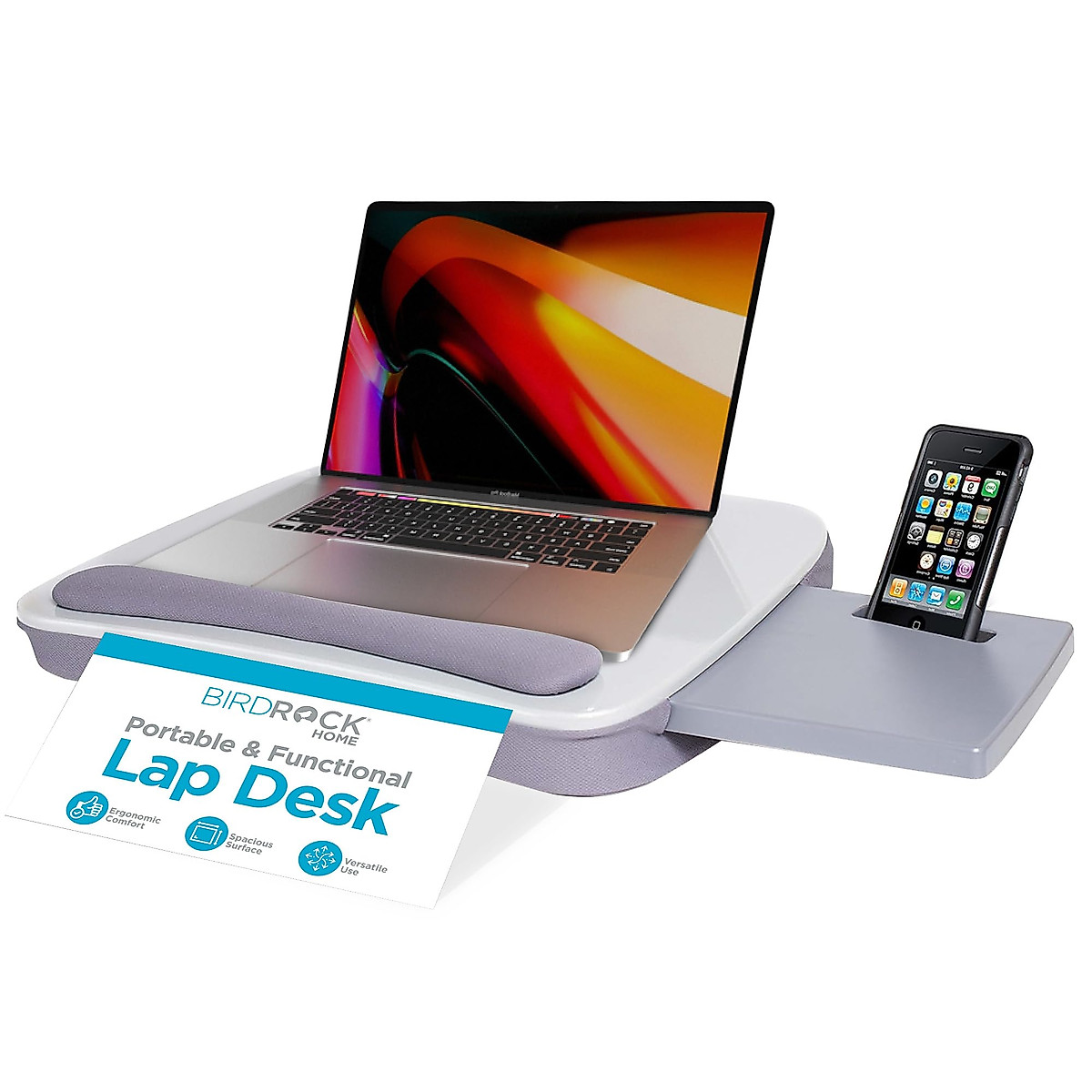 SOFIA + SAM Multi-Tasking Lap Desk with Memory Foam Cushion & Wrist Rest - Portable Computer Bed Tray - Fits Laptops Up to 15", Tablets Up to 9.6", Smartphones Up to 3.5" - Silver