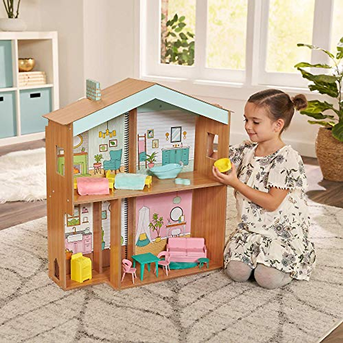 KidKraft Designed by Me™: Color Decor Wooden Dollhouse with Removable Coloring Book, 5 Markers and 15 Accessories, Gift for Ages 3+