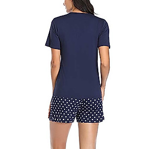 EISHOPEER Women's Pajama Set Cat Print Tops and Polka Dot Pants Shorts Pjs Sets Navy Blue M