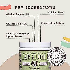 Natural Dog Company Hip & Joint Chews, Chicken Liver & Turmeric Flavor, with Glucosamine Chondroitin for Dogs, Maintains Bone and Joint Health, Supplements for Seniors and Puppies, 90 Count