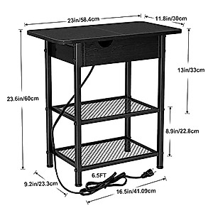 Mr IRONSTONE End Table with Charging Station, Flip Top, 2 Power Outlets & 2 USB Ports, Storage Shelf, Narrow Nightstand, Small Side Table for Living Room, Bedroom, Black