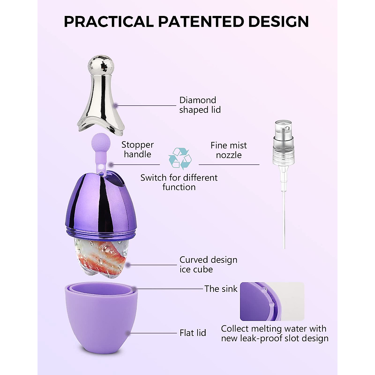 Ice Face Roller, Ice Roller and Spray for Face and Eye Puffiness Relief, Facial Ice Roller Ice Mold Reusable Beauty Ice Cube Ice Holder Skin Care Tool to Brighten & Tighten Skin, Shrink Pores(Purple)